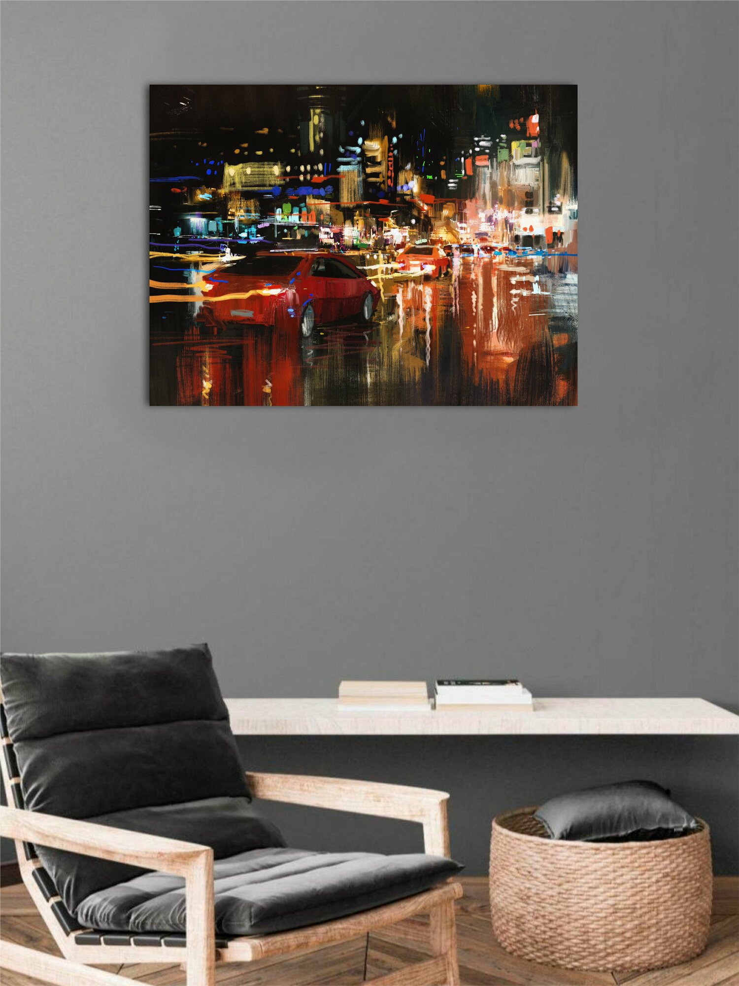 Картина для интерьера на стену городской пейзаж. Дождь в ночном городе 50х70 см на холсте на подрамнике