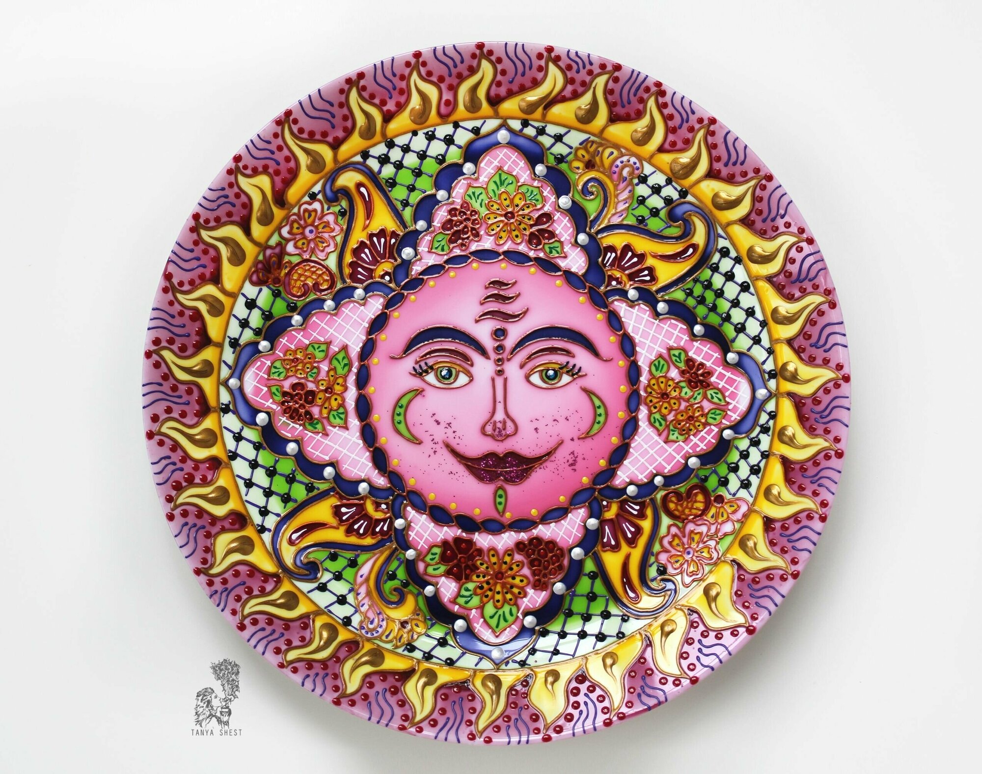 Декоративная мексиканская тарелка "Розовое солнце" ручная роспись