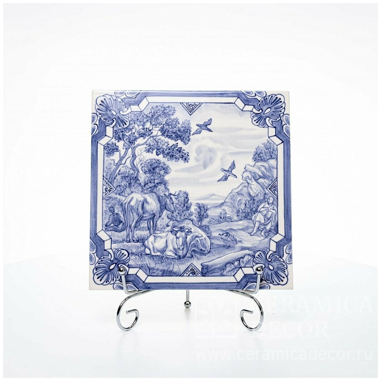 Изразец гладкий 20х20 с росписью (выгул скота)