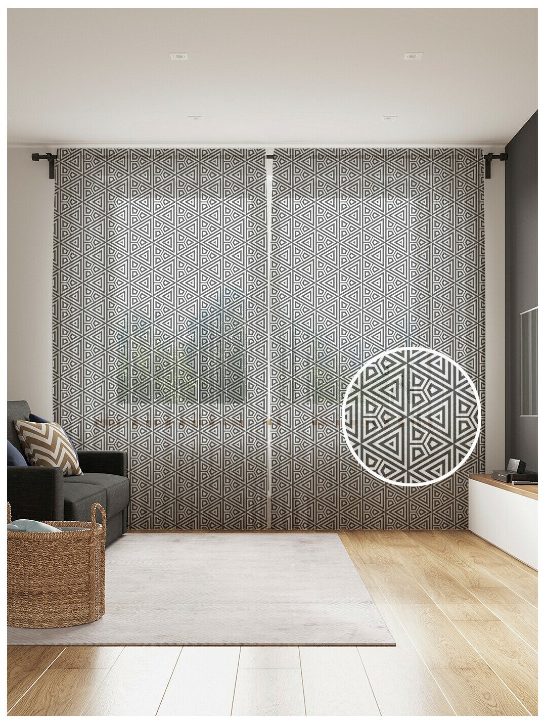 Тюль, фототюль длинный "Геометрия в треугольниках" высота 265 см, ширина 145 см (по 2 полотна), JoyArty