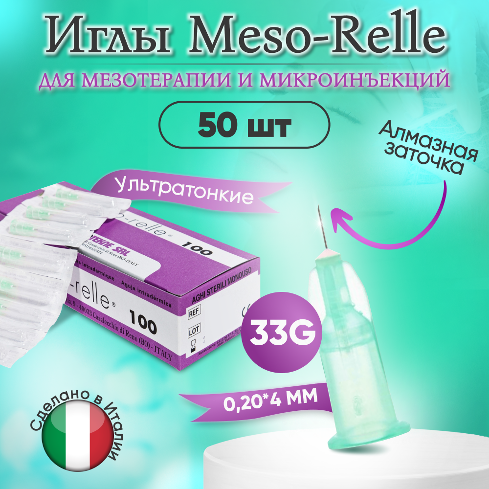 Иглы для мезотерапии 33G (0,2 х 4 мм) Meso-Relle, 50 штук