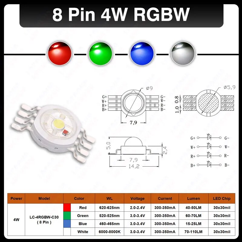 Светодиодный чип 4W RGBW 8pin, 50шт
