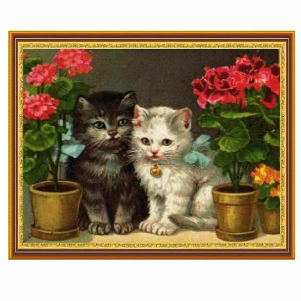 Картина стразами Алмазная мозаика "Котята с цветами" 50х40 см без подрамника, полная выкладка, круглые стразы 30 цветов, стилус, лоток для кристаллов