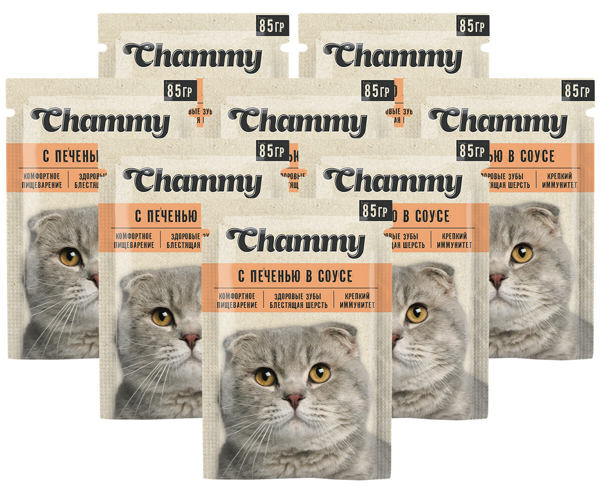 Корм влажный Chammy для взрослых кошек, печень в соусе, пауч, 85 г х 8 шт