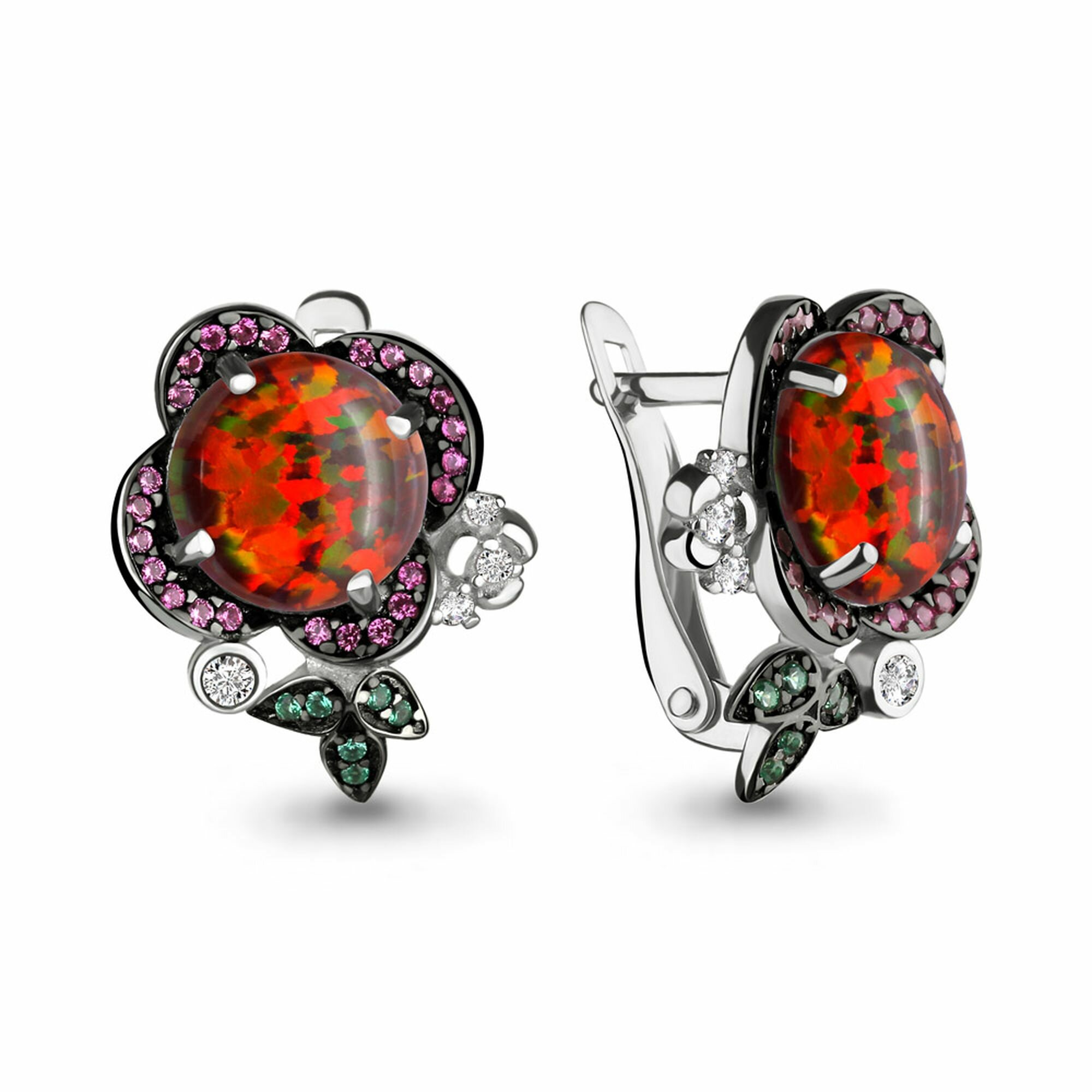 Серьги, серебро, 925 проба, родирование, турмалин, изумруд синтетический, фианит, опал