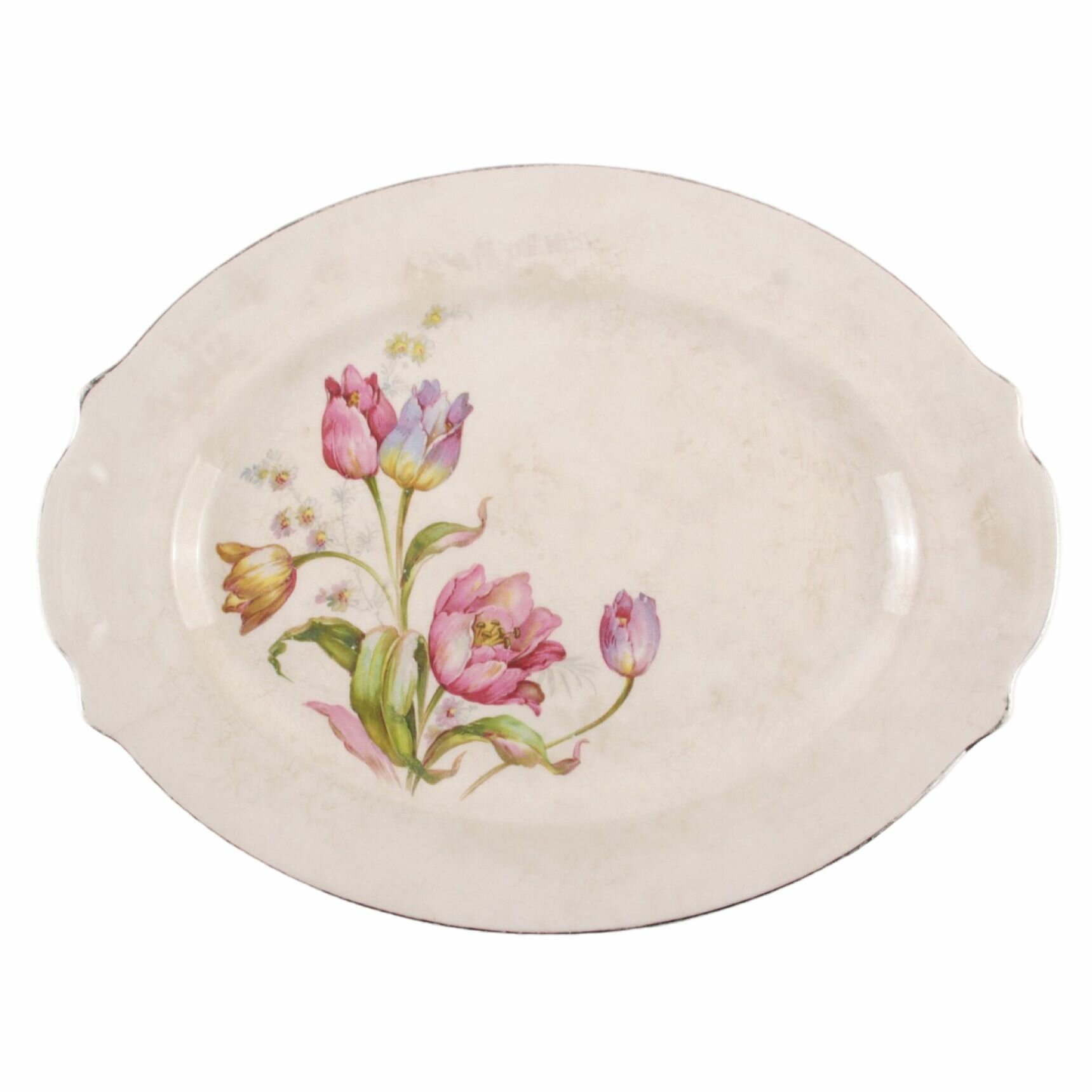 Винтажный поднос/ блюдо "Распустившиеся тюльпаны". Керамика, ручная роспись. Paden City Pottery. США, 1940- ее.