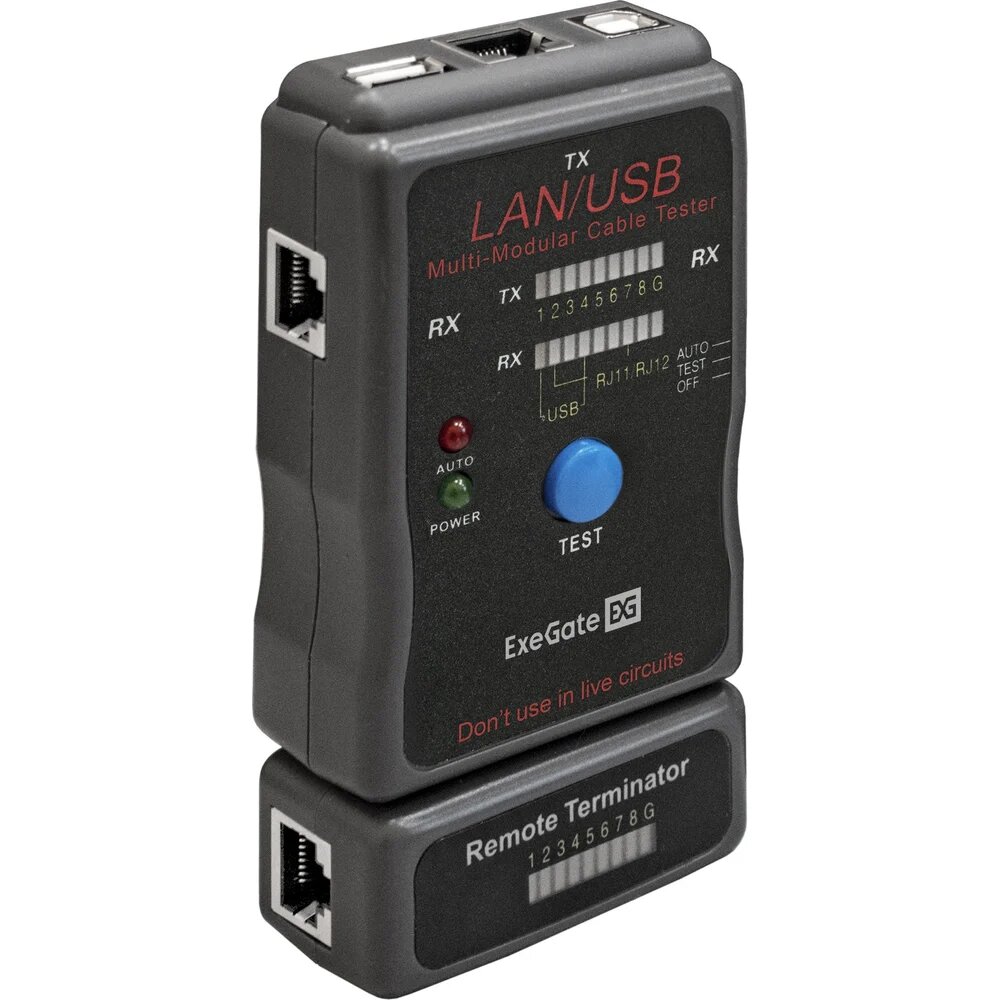 Сетевой тестер ExeGate EX-T5448 RJ-45 RJ-11 RJ-12 USB с функцией диод‑теста, проверкой обрывов витой пары кабелей