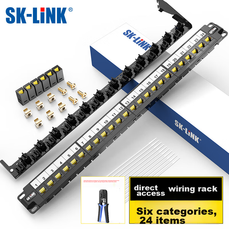 SK-LINK Category 6 Patch Panel with 24 Ports, Unshielded Straight-Through Modular Network Patch Panel, CAT6 19-Inch Rack-Mounted Cable Management System SK-P600M