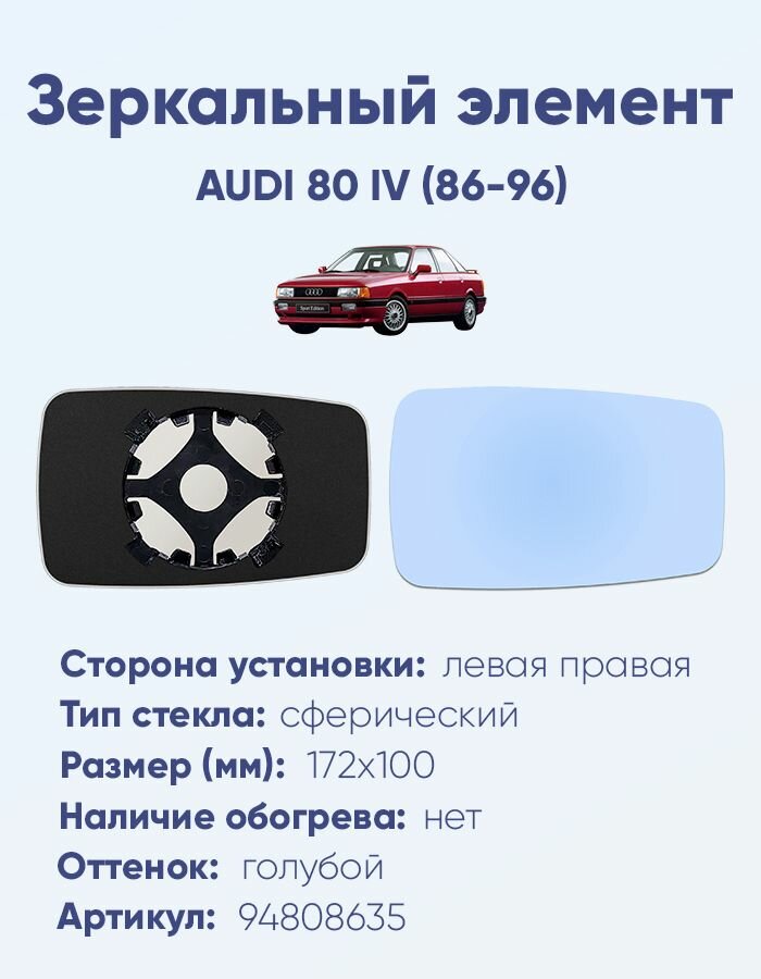 Зеркальный элемент универсальный (лево-правый) AUDI 80 IV (86-96) сфера голубой без обогрева