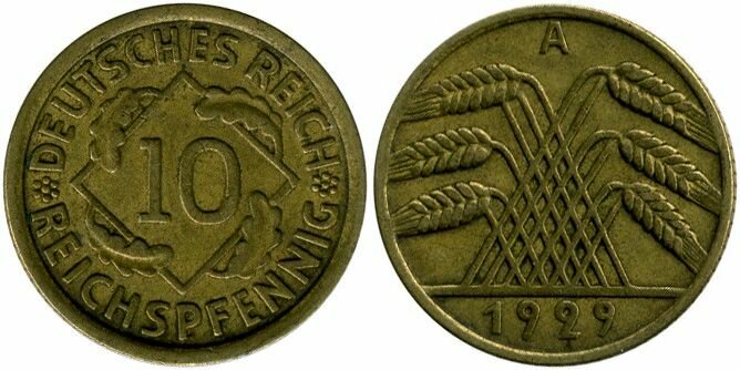 Германия - Веймарская республика, 10 рейхспфеннигов, 1924 - 1936 XF