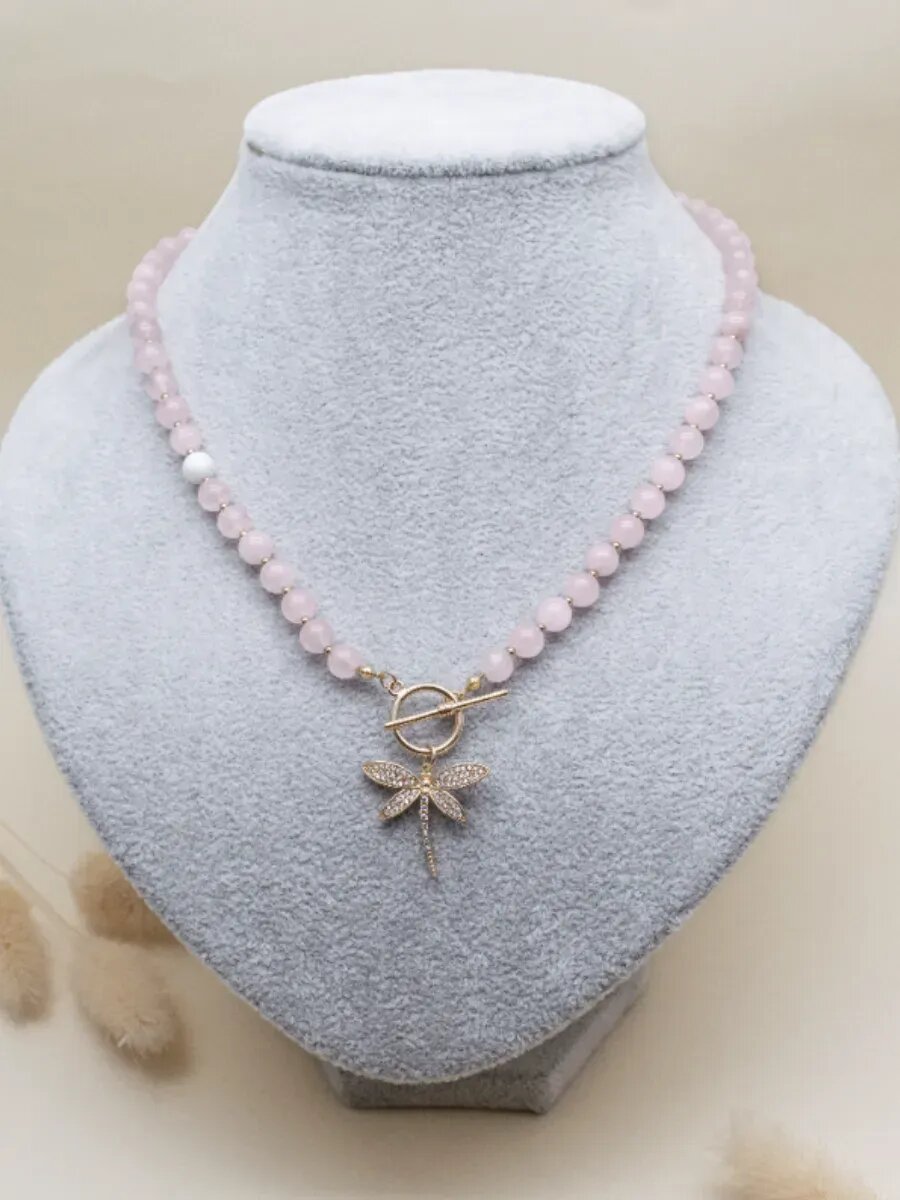 Колье, розовый кварц, фианит, перламутр