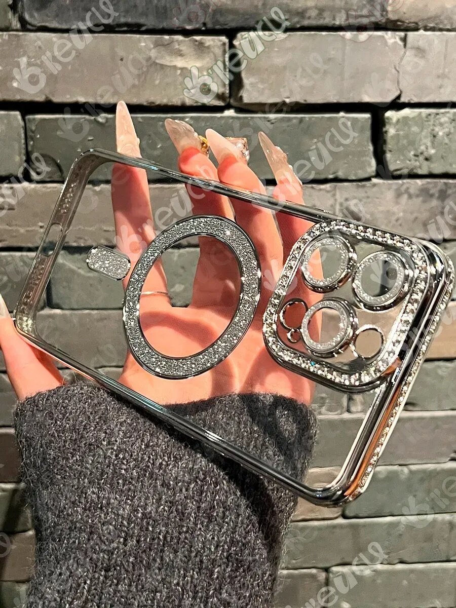 Чехол на iPhone 16 Pro Max MagSafe со стразами, полупрозрачный