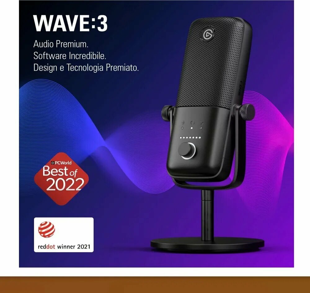 Elgato Микрофон Elgato Wave:3 Премиальный USB-конденсаторный микрофон студийного качества для потоковой передачи, подкастинга, игр и домашнего офиса, черный