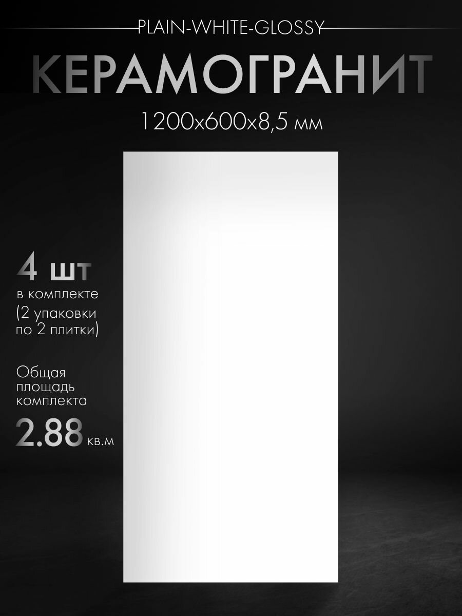 Керамогранит PLAIN WHITE (GLOSSY) 60х120, 4 шт в комплекте, упаковка 2,88 м2