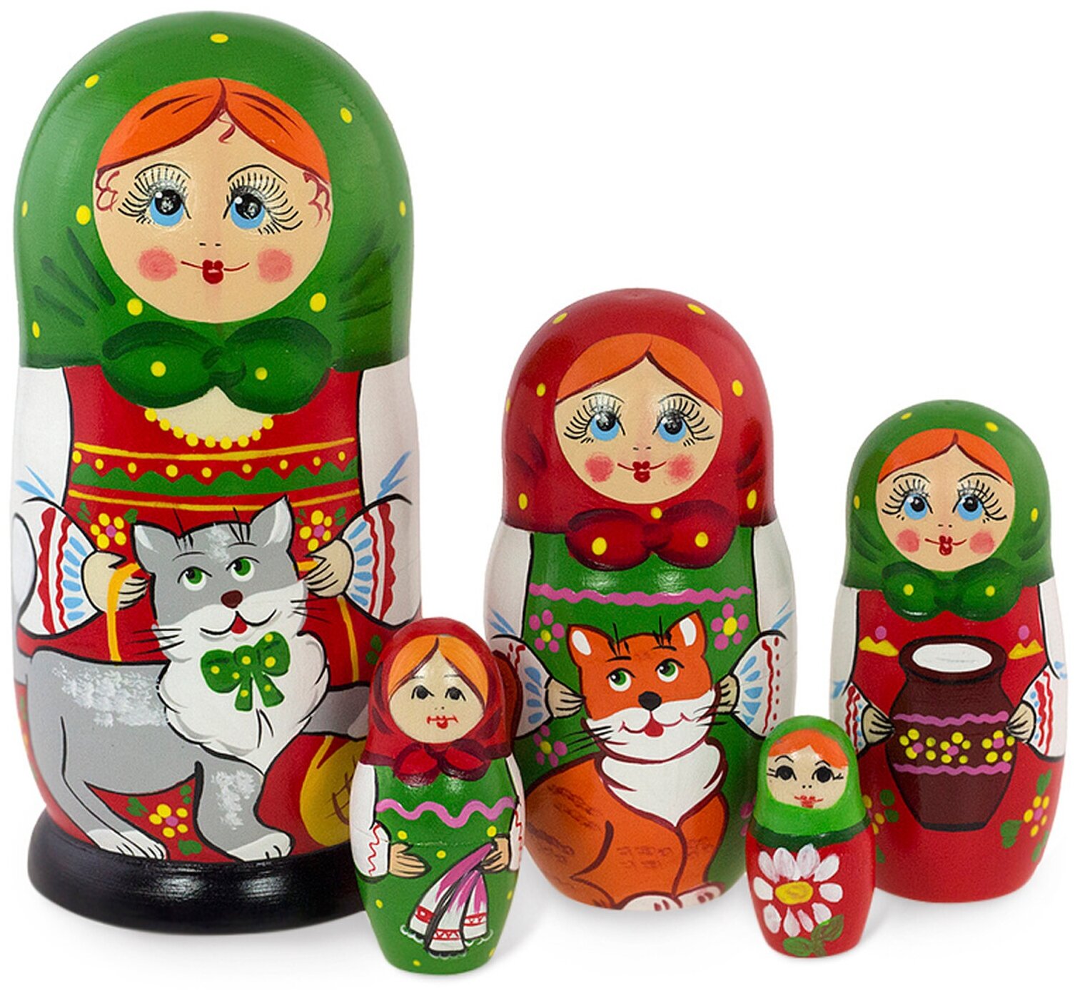 Матрешка деревянная авторская Сударушка с котом средняя 5 мест 15 см сувенир Azhna
