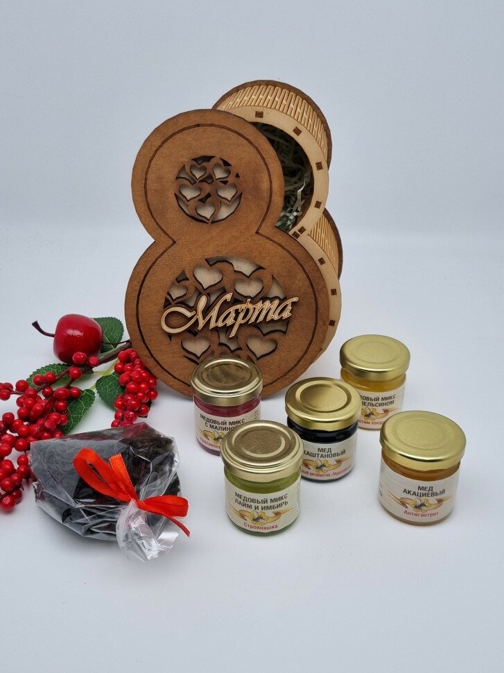 Подарочный набор с 8 марта в матрешке мед микс акация, апельсин, каштан, лайм, малина, чай черный 25