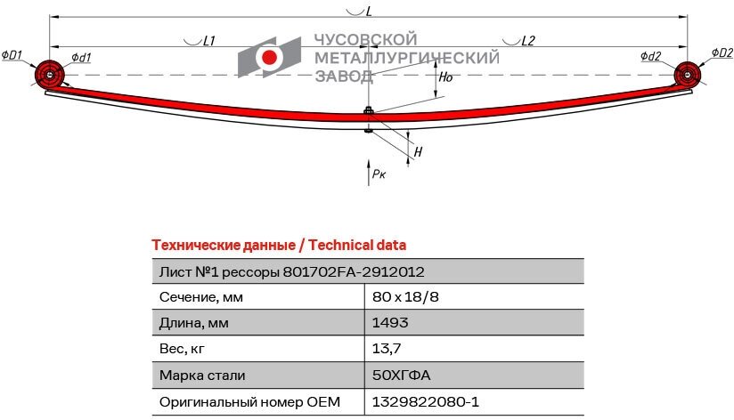 Лист №1. Рессора задняя для Fiat, Peugeot, Citroen Ducato 2 (244), Boxer 1 (230, 244), Jumper 1 (230, 244) 2 листа