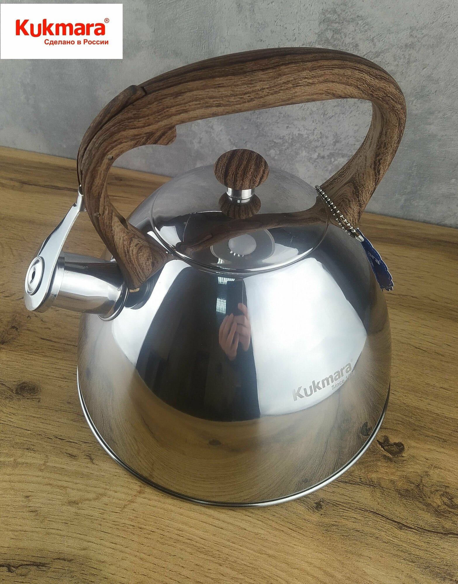 Чайник со свистком из нержавеющей стали 3л с ручкой под дерево