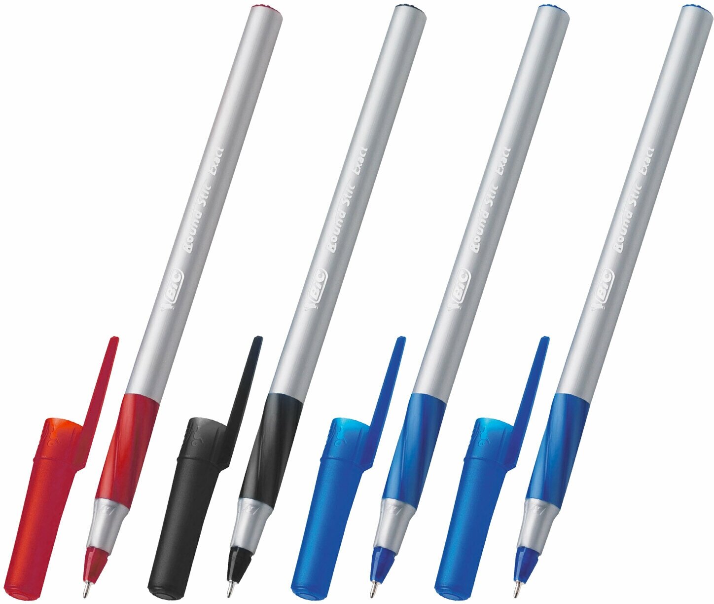 Упаковка 10 шт. Ручки шариковые с грипом BIC "Round Stic Exact", набор 4 шт./3 цвета (синий, черный, красный), линия письма 0,28 мм, блистер, 932858