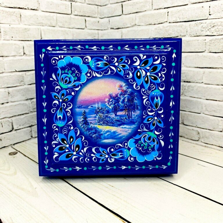 Шкатулка для украшений зимний пейзаж синяя 120*115 ММ деревянная С росписью хохлома
