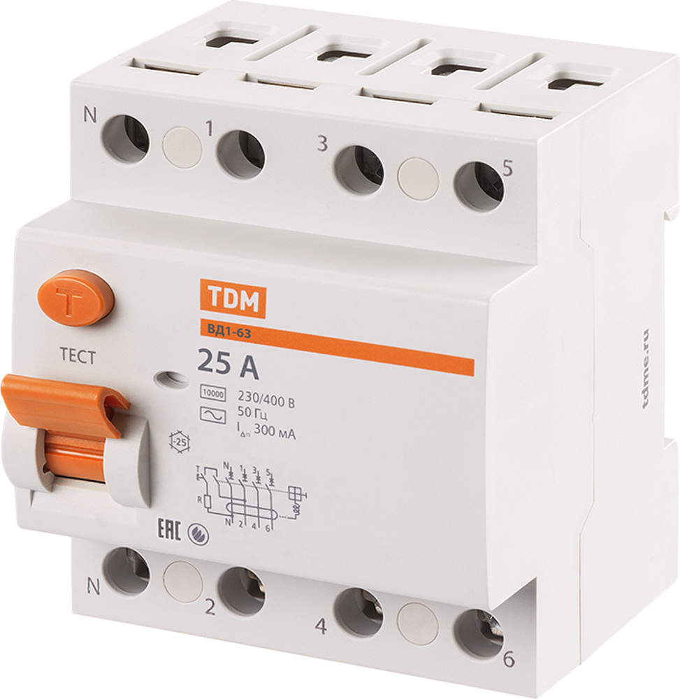 УЗО Tdm Electric ВД1-63 4P 25 A 300 мА 4.5 кА AC SQ0203-0031