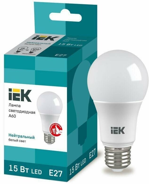 Лампа светодиодная Eco 15Вт A60 шар грушевидная 4000К нейтр. бел. E27 230В IEK LLE-A60-15-230-40-E27