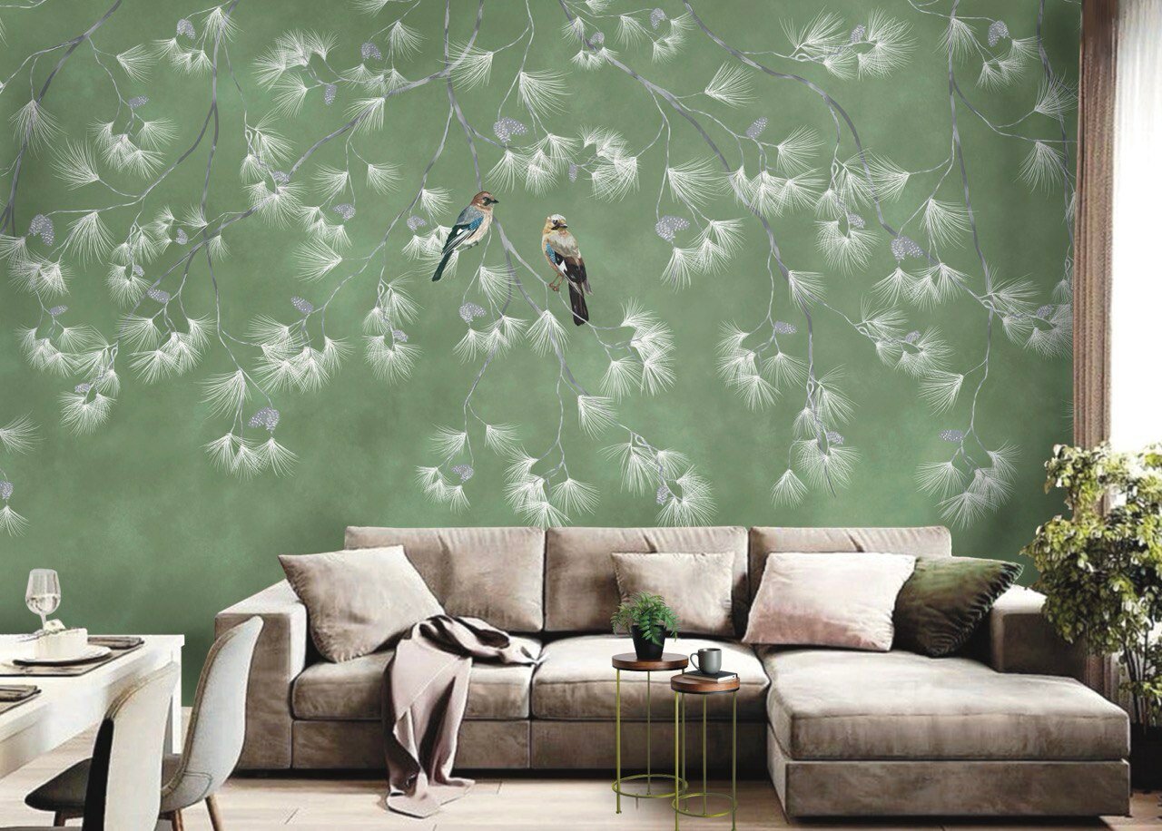 Обои бесшовные "Сойка" оливковый (ширина 3100мм х длина 6000мм)