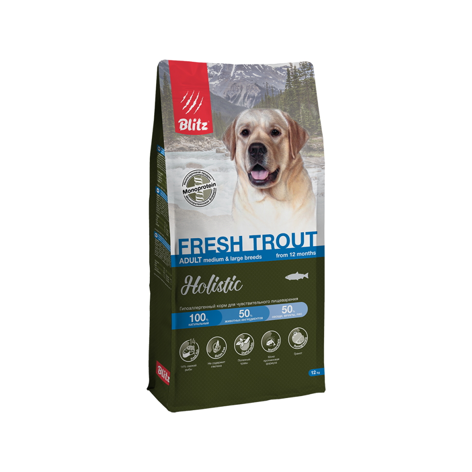 Сухой корм для собак Blitz Holistic для средних и крупных пород, с чувствительным ЖКТ со свежей форелью - 12 кг