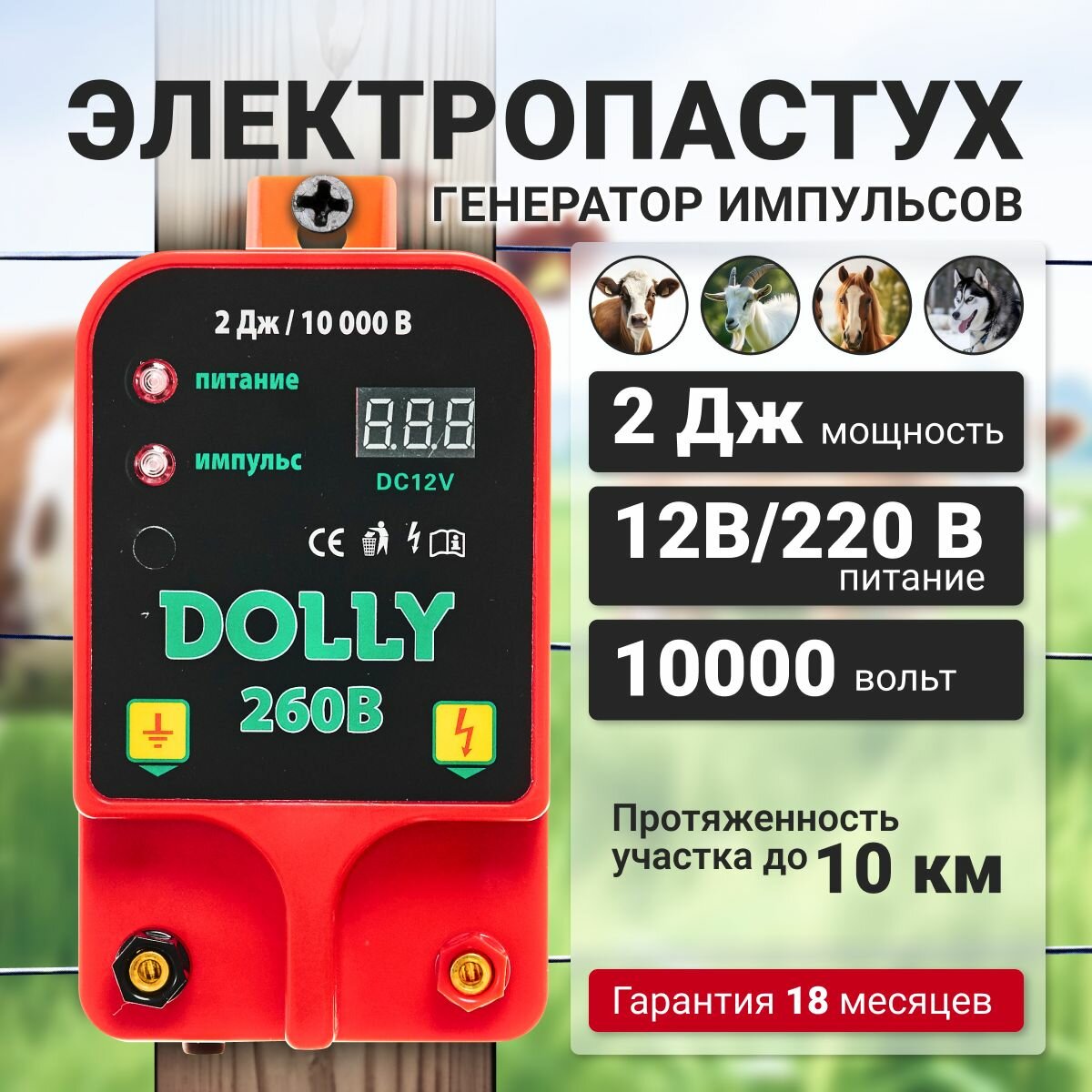 Электропастух 260B 12V/220V. Генератор импульсов 2Дж, до10KM