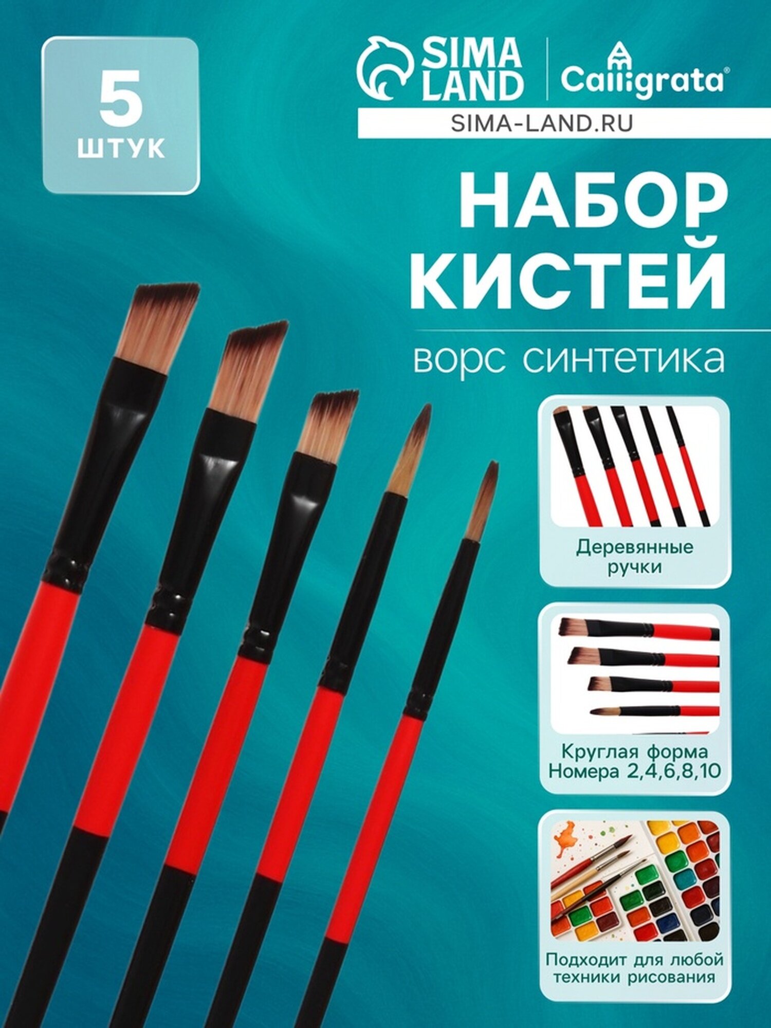 Набор кистей нейлон 5 штук: 2 круглые, 3 плоские