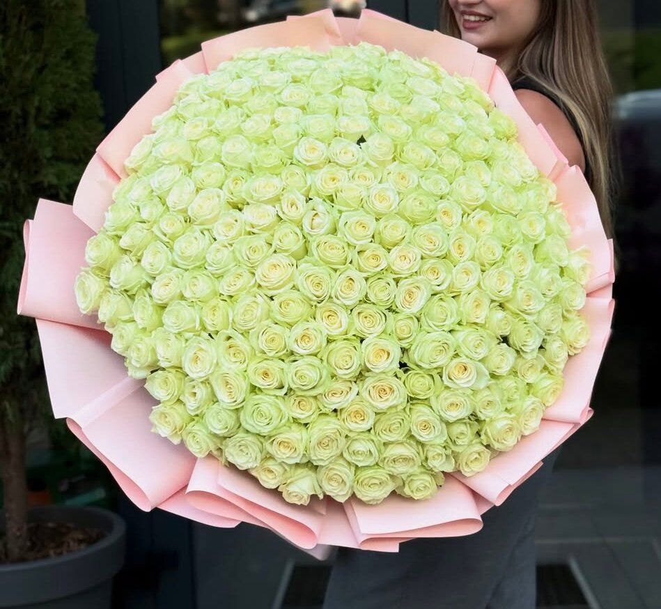 Букет из 201 кремовой розы премиум класса в нежно-розовой упаковке