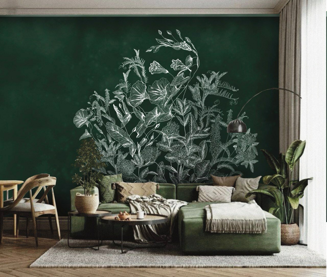 Обои бесшовные "Луговая нежность" темно-зеленый №8 (ширина 3100мм х длина 2500мм)