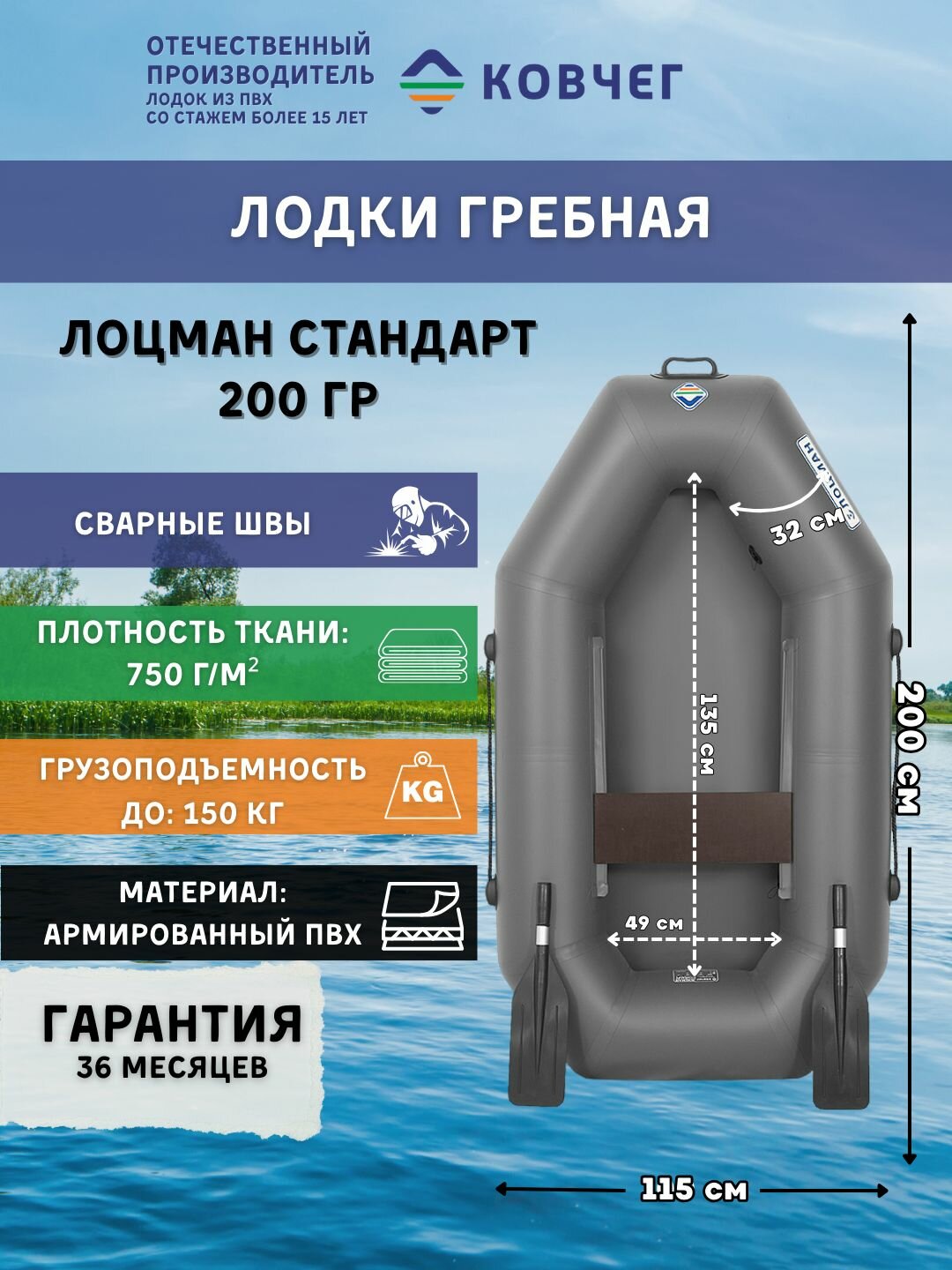 Лодка ПВХ гребная для рыбалки Лоцман Стандарт 200 ГР (серый)