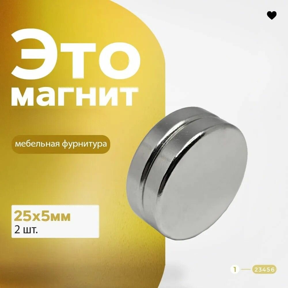Магнит диск 25х5 мм - комплект 2 шт, для досок, 200 Гауссов