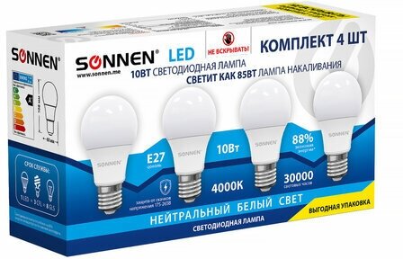 Лампа светодиодная SONNEN 10 (85) Вт, комплект 4 шт, цоколь Е27, нейтральный белый, 30000 ч, 455938