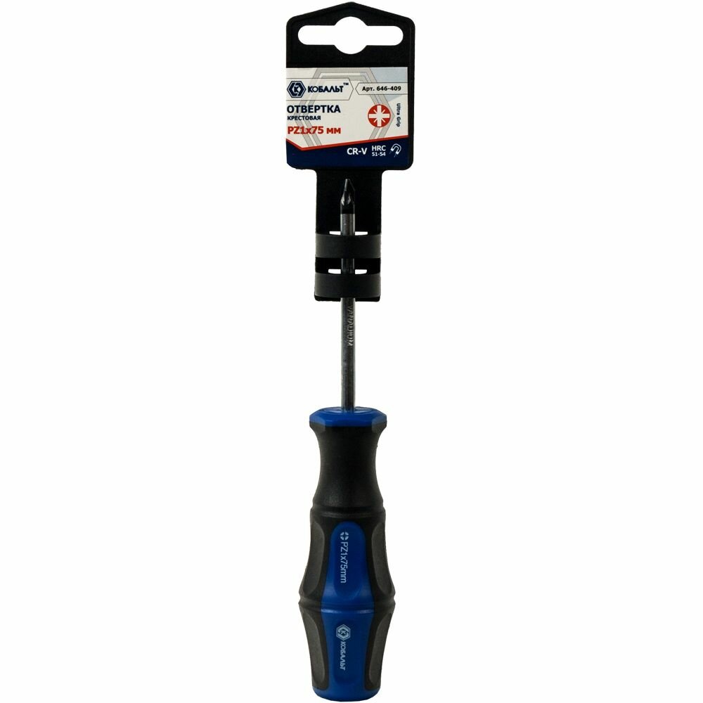 Отвёртка кобальт Ultra Grip PZ-1 х 75 ммCR-V, двухкомпонентная рукоятка (1 шт.) подвес