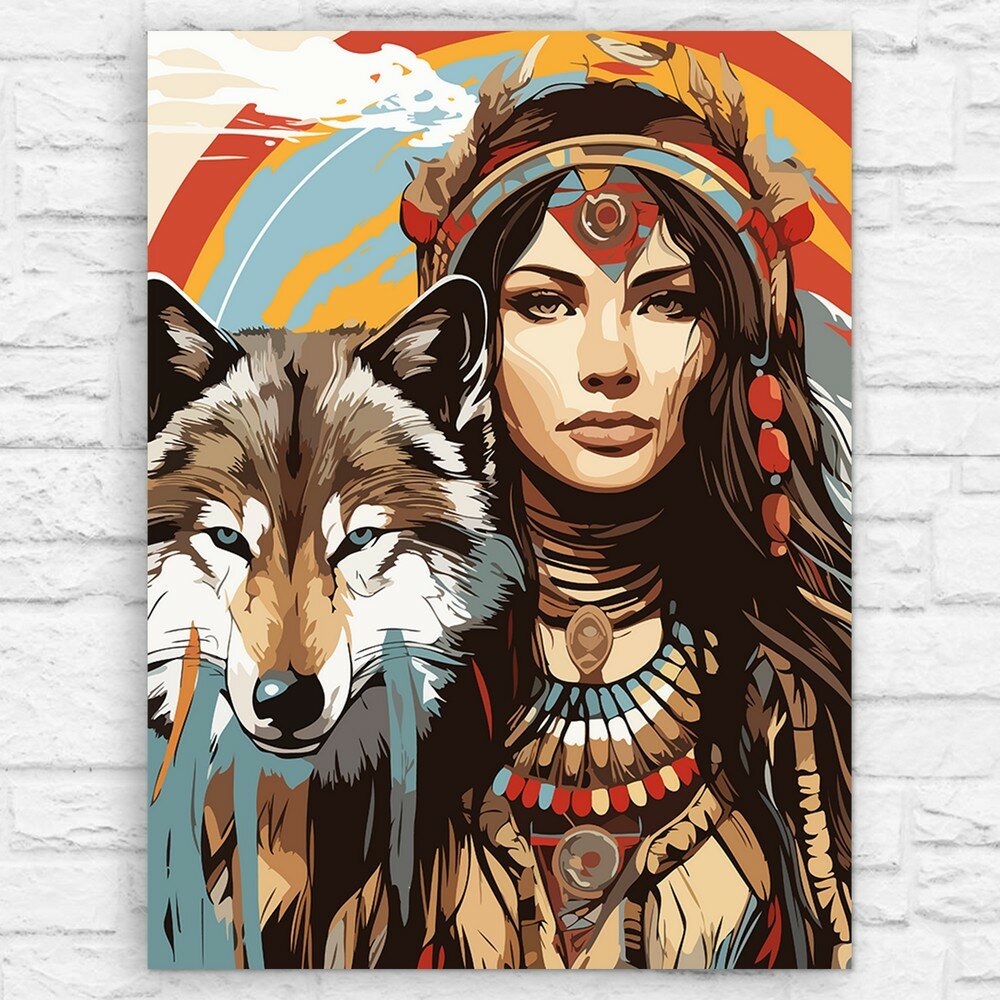Картина по номерам на холсте эстетика Девушка (роуч, перья, вождь, волк, этно) - 14080 В 30х40