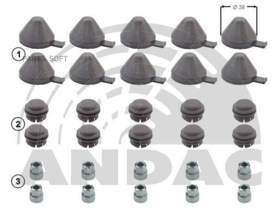 81010232 ANDAC Комплект гаек, заглушек и колпаков 38 мм (по 10 шт) KNORR о. н. K000945 (M2910019)