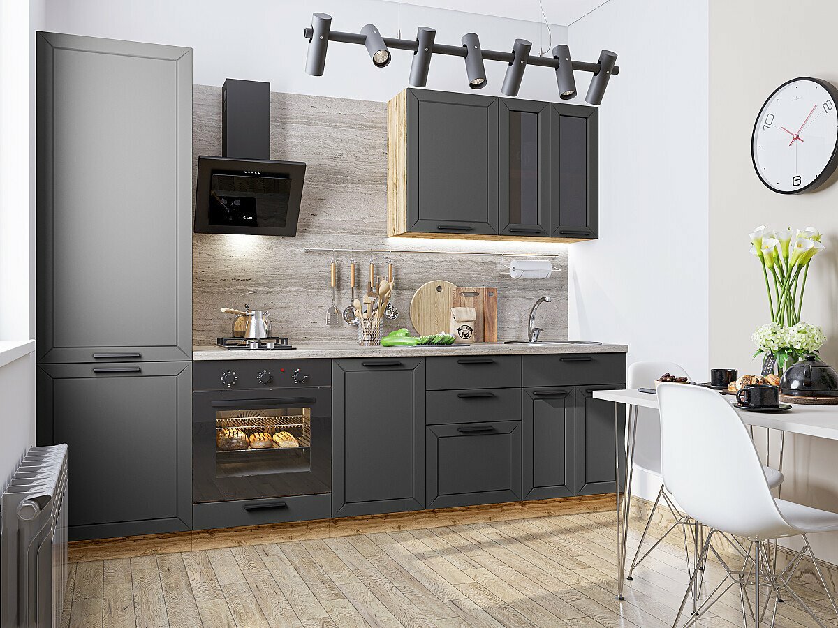 Кухня Глетчер-04, цвет фасада Маренго Силк, цвет каркаса Дуб Вотан, 2140*2700*600 мм