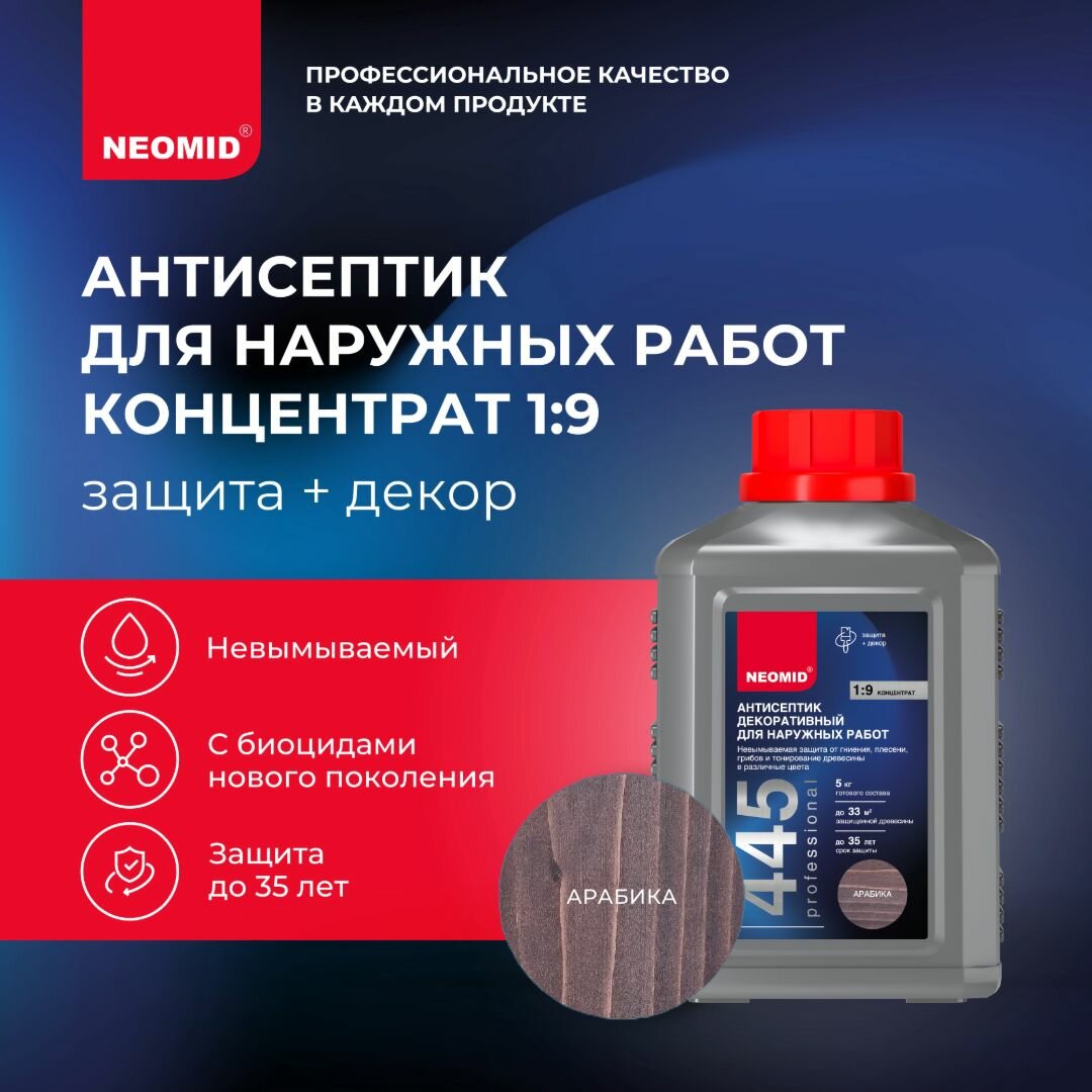 Декоративный антисептик для дерева NEOMID 445 (Арабика) 0,5 кг / Защитная пропитка для деревянных фасадов