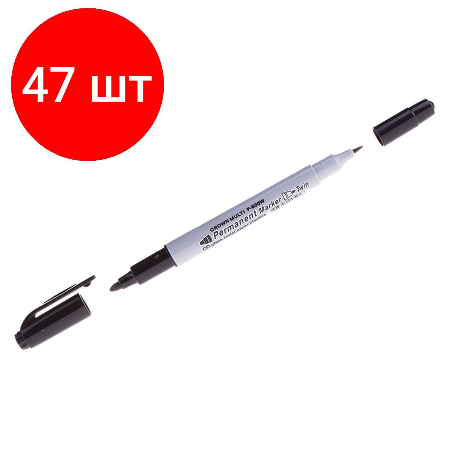 Комплект 47 шт, Маркер перманентный CROWN двусторонний "Multi Marker Twin", черный, скошенный наконечник, 2 мм/1 мм, P-800W