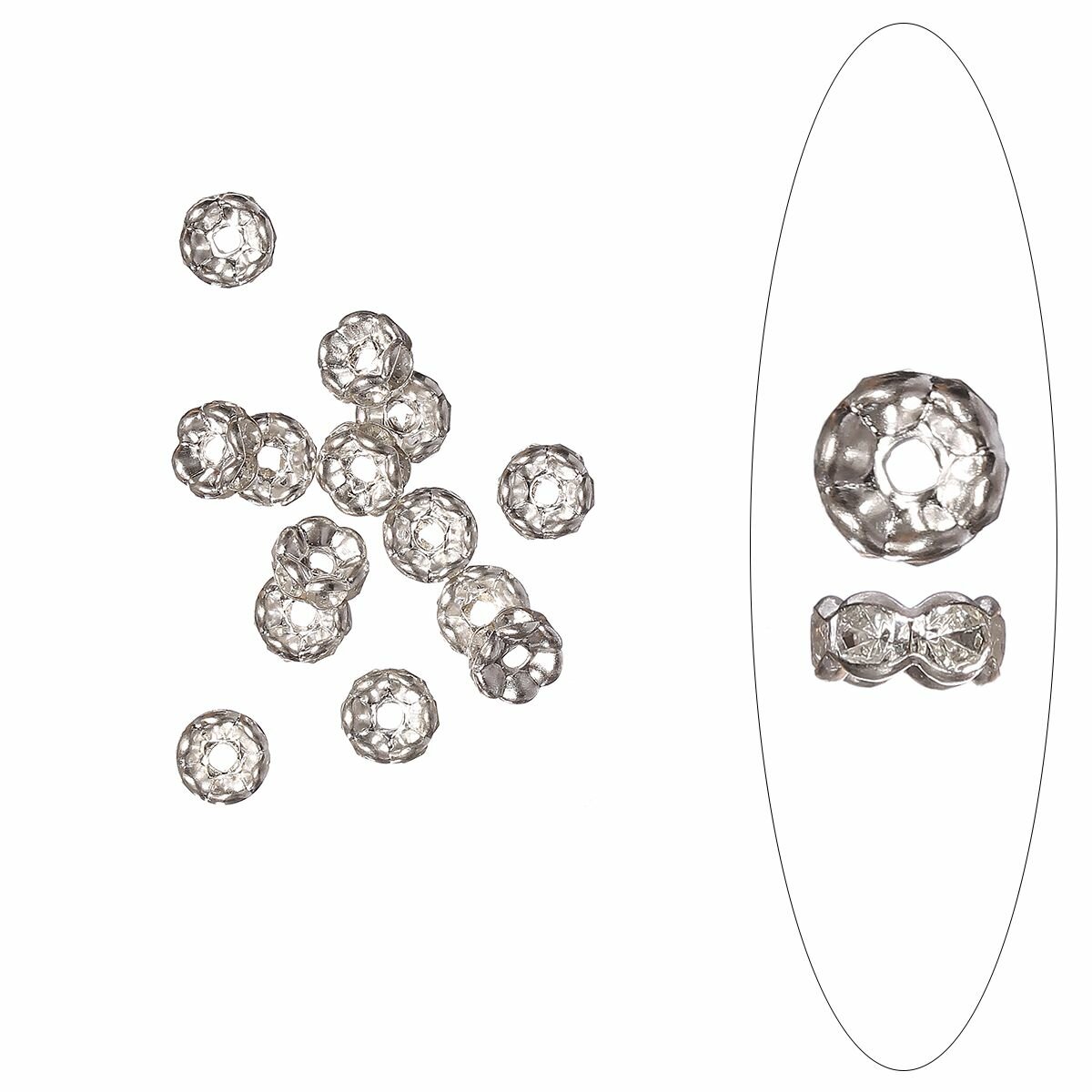 Бусина металлическая, 6х3мм, рондель со стразами, цветочек, базовый материал - латунь, под серебро, 2 грамма