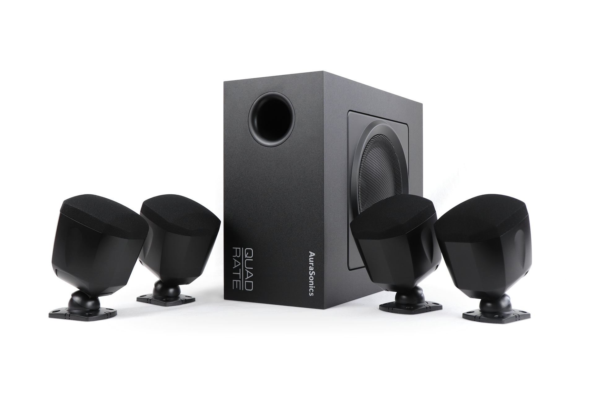 Aurasonics quadrate-bk комплект настенный сабвуфер 6,5" и 4 сателлита 3", встроенный кроссовер, 70/100b-80/40/20/10 вт, 80вт/8ом, 60гц-18кгц, чёрный
