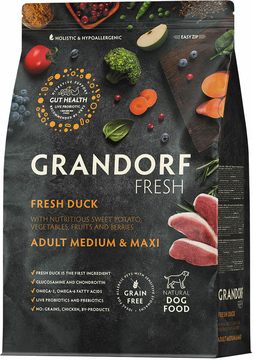 Корм сухой Grandorf Fresh Gf Dog Adult Med&Max Duck&Sweet Potato для взрослых собак средних и крупных пород с уткой и бататом, 3 кг