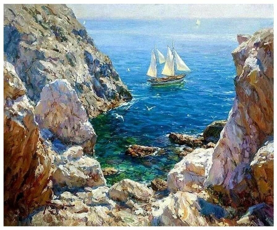 Алмазная мозаика на подрамнике / Картина стразами "Парусник в бухте" 40х50 , сложность 5, цветов 24, Komas