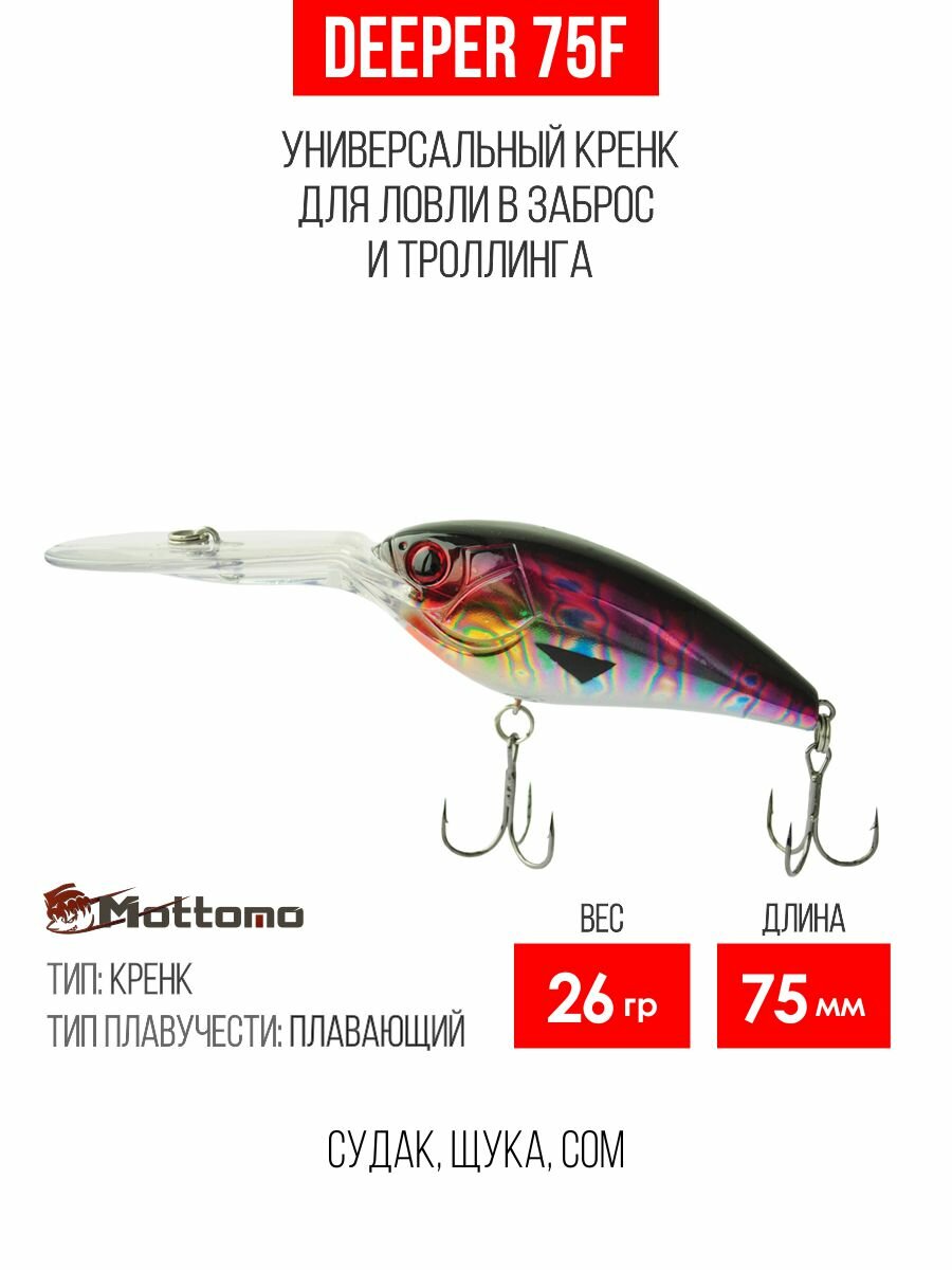 Воблер для рыбалки Mottomo Deeper 75F 26g, кренк плавающий для спиннинга, троллинга. Приманка на щуку, сома.