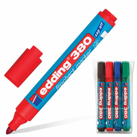 Маркеры для флипчарта EDDING 380 набор 4 шт, непропитывающие, ассорти, круглый наконечник, 1,5-3 мм, E-380/4S