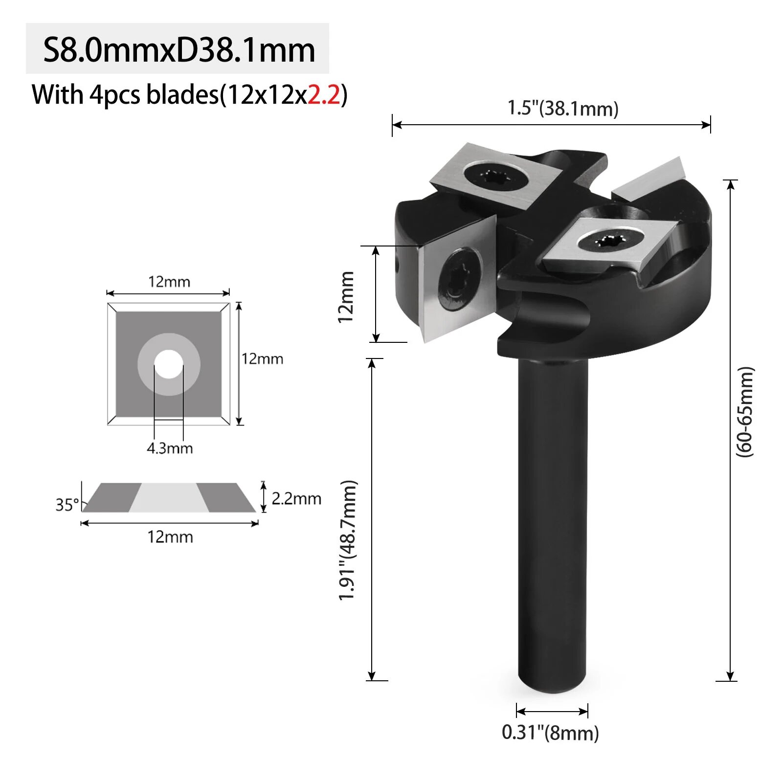 Фреза 6 мм 1/4 8 мм 12 мм 12,7 мм с фрезой, цементированная деревообрабатывающая насадка, сменная дрель для спойлевой доски S8mmxD38.1mm