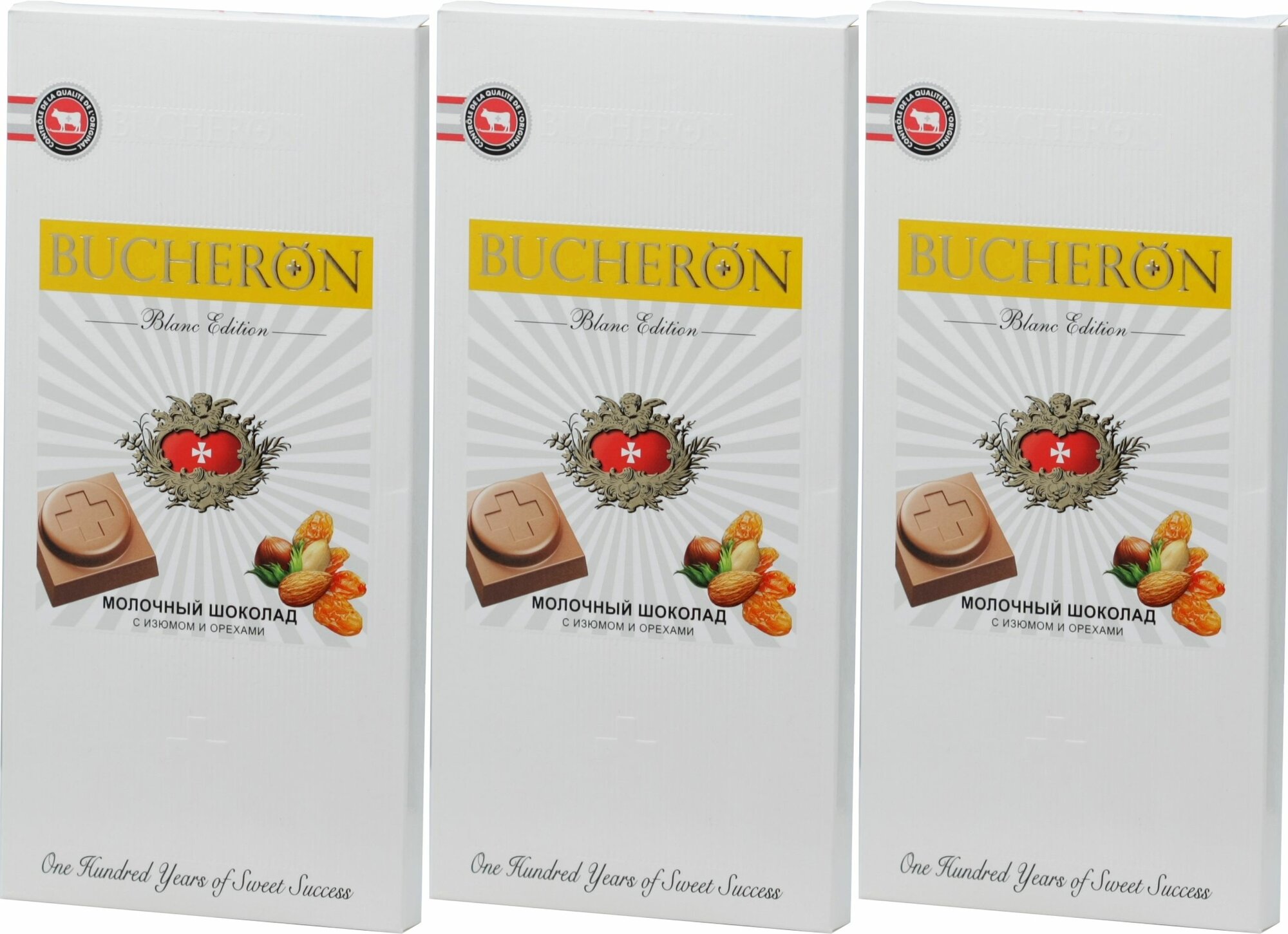 BUCHERON Шоколад молочный Blanc Edition с Изюмом и Орехами, 85 г, 3 шт