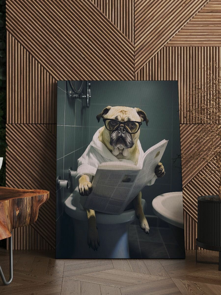 Картина на стену 40х60 Собака смешная с газетой на унитазе